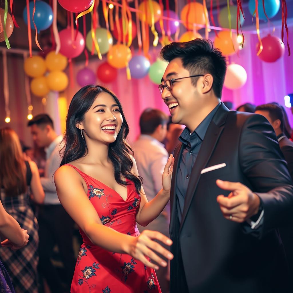 Joyful Asian Couple Celebrates in Lively Party Atmosphere