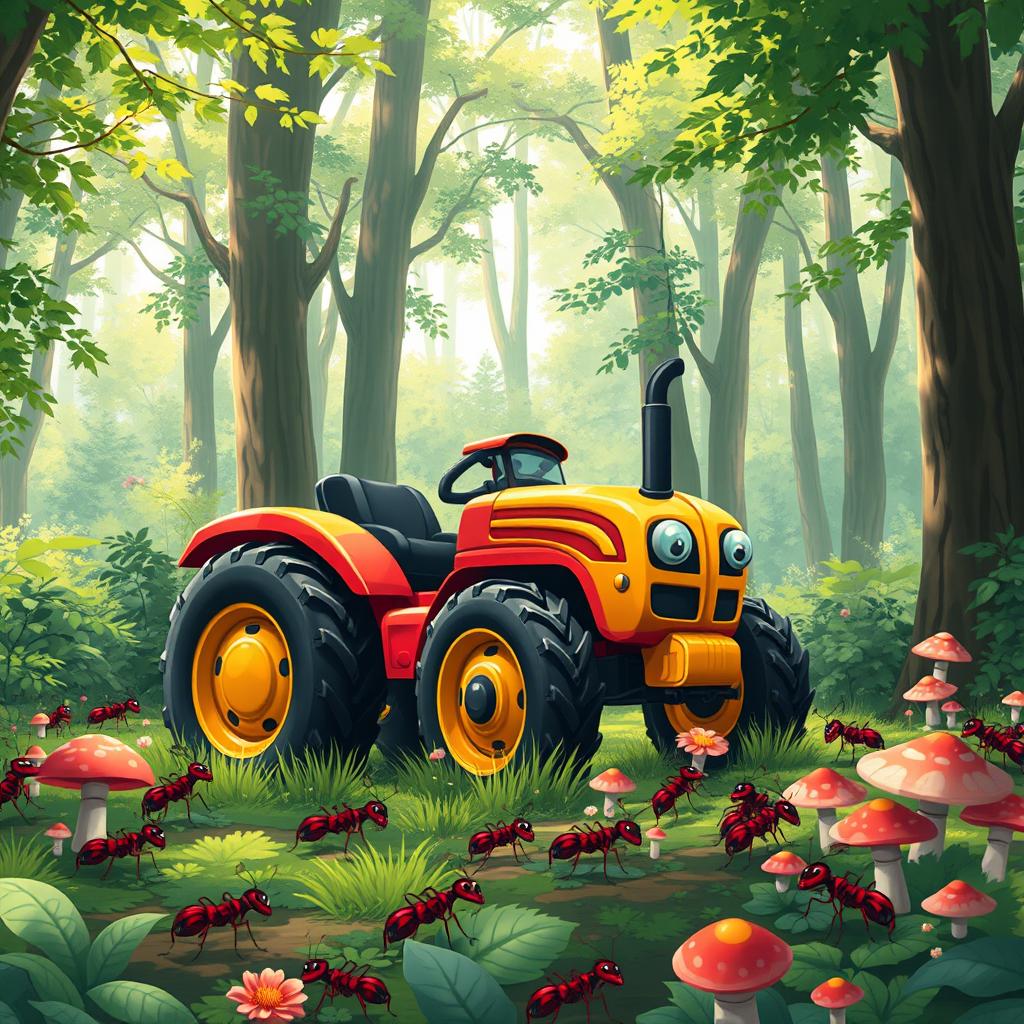 Whimsical Anime-Style Tractor in Lush Forest - Idyllic Ideas