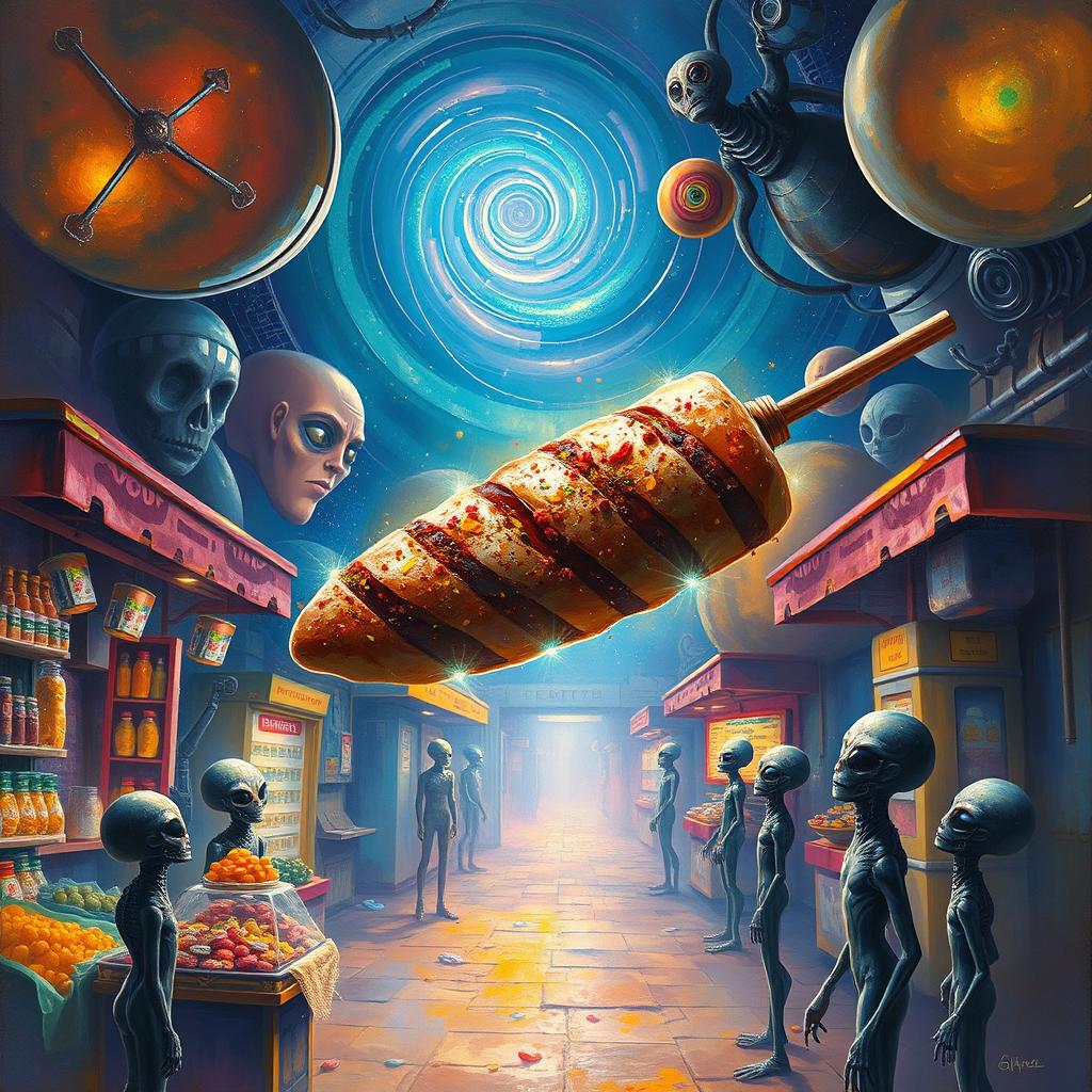 Surreal Doner Kebab in a Cosmic Marketplace - A Dreamlike Journey