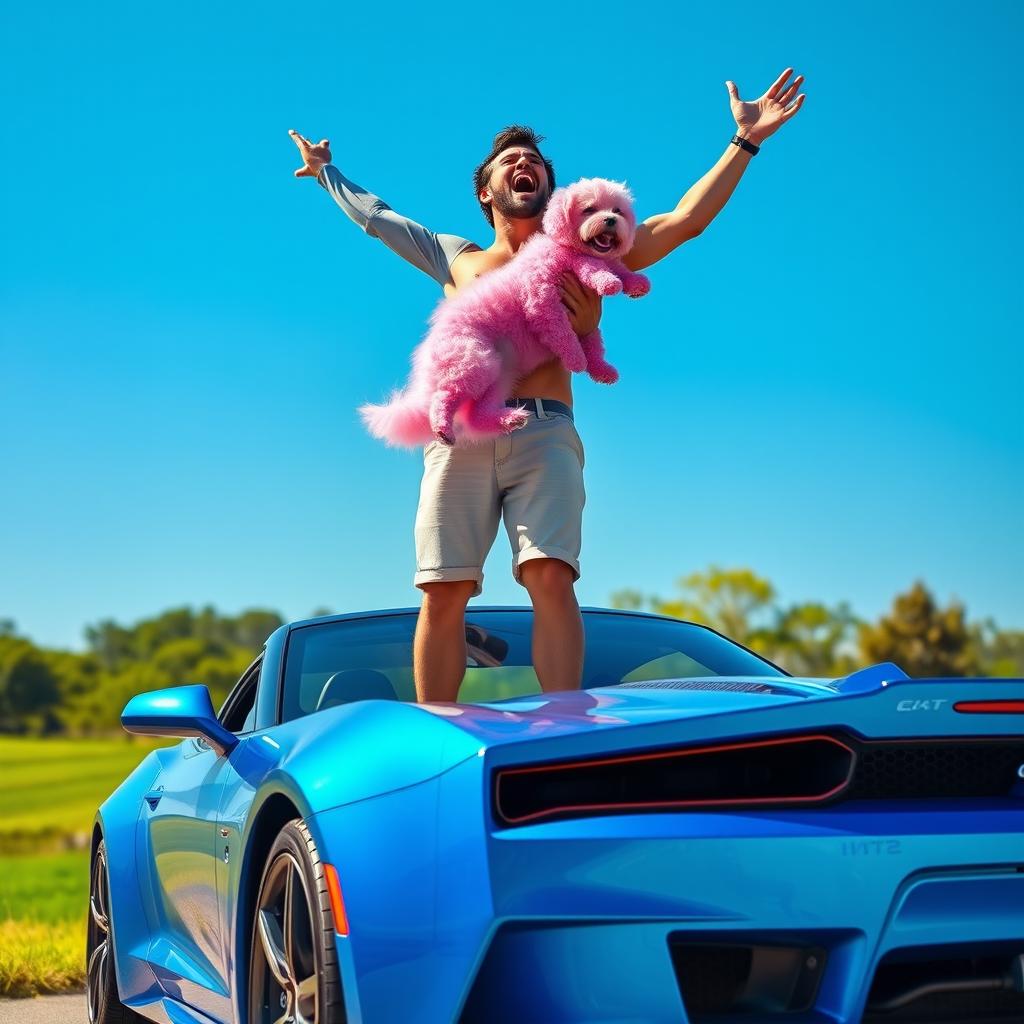 Joyful Triumph: Man Celebrates with Pink Dog on a Sports Car