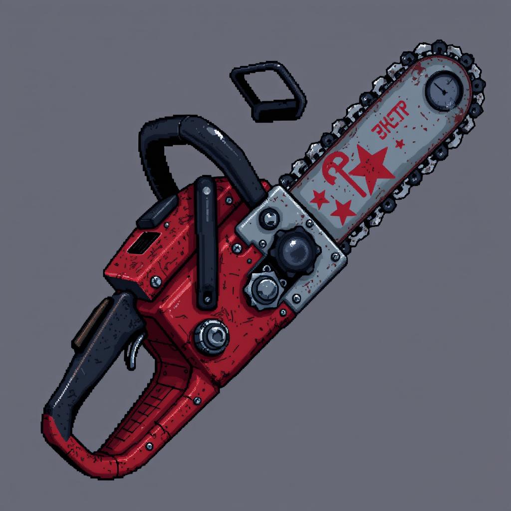 Soviet Aesthetic Chainsaw: Detailed Pixel Art Design