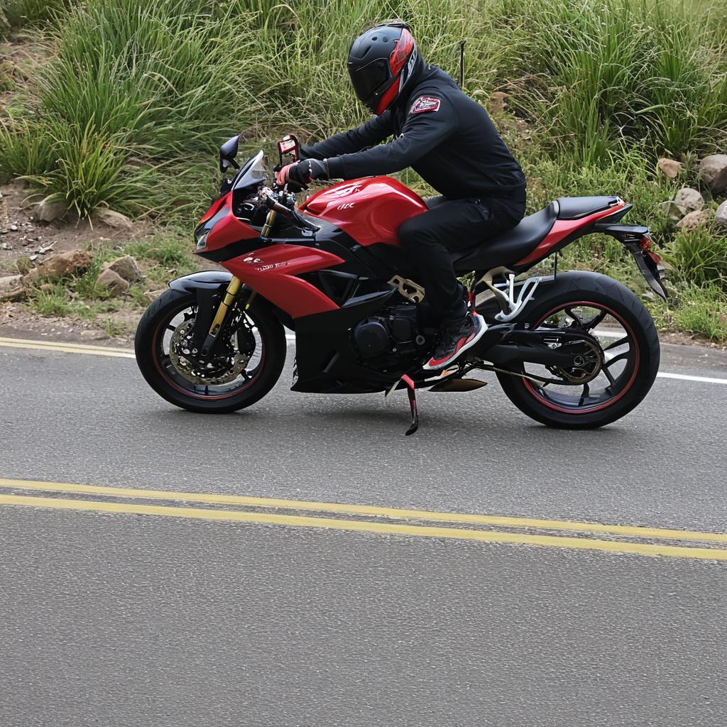 Adventure Awaits: Rider in Black on a Red Motorcycle at Sunset