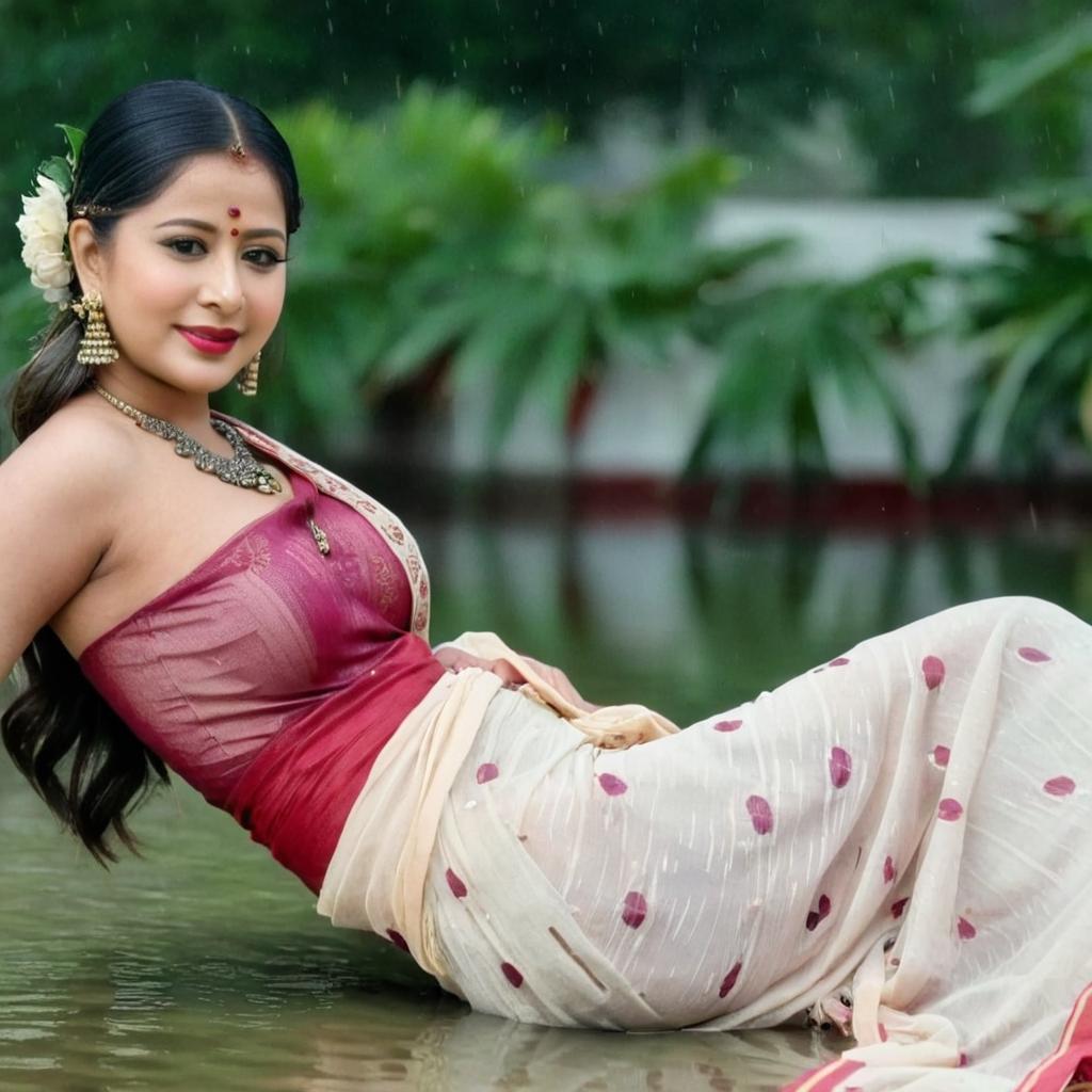 Elegance in Nature: A Beautiful Woman in a Rain-Soaked Saree