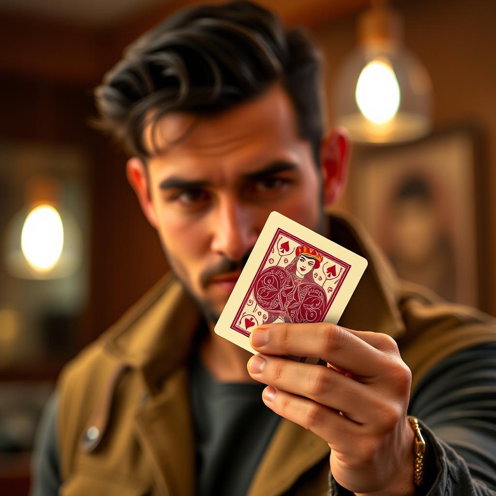 Confident Card Holder: Stylish Man and Vibrant Playing Card