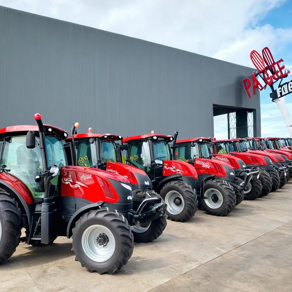 Vibrant Red Tractors at Modern Dealership - A Tropical Agricultural Scene