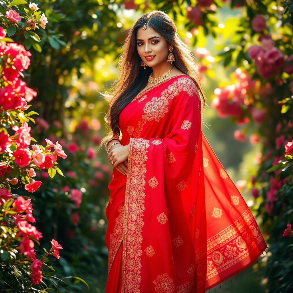 Elegant Model in Red Saree | Traditional Beauty in a Lush Garden