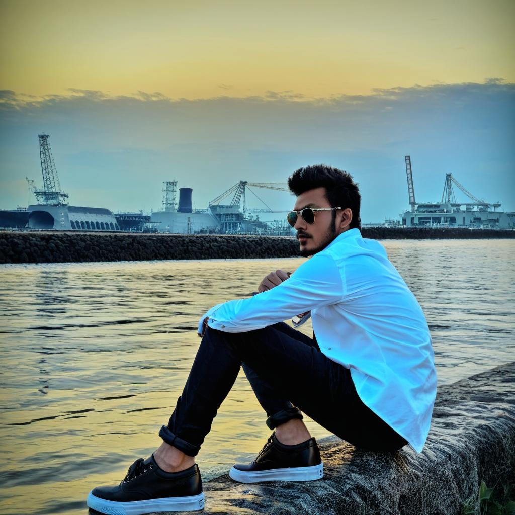 Stylish Sunset Vibes: Fashionable Young Man by the Sea