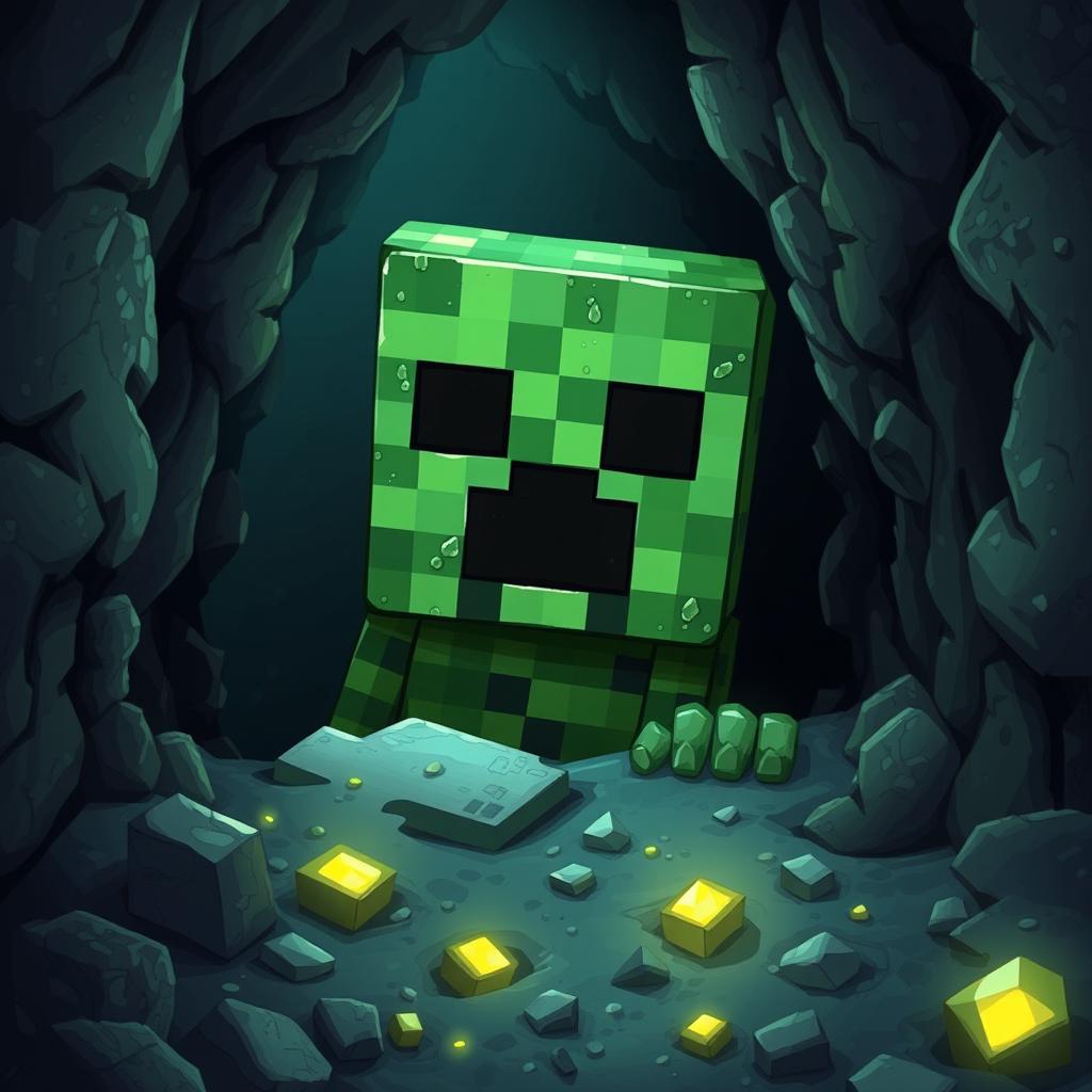 Mysterious Minecraft Creeper in Eerie Cave Illustration