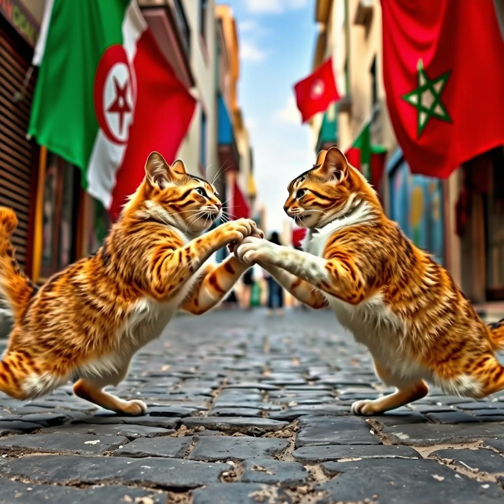 Fierce Feline Duel: Cats Clash Amidst Vibrant Urban Culture