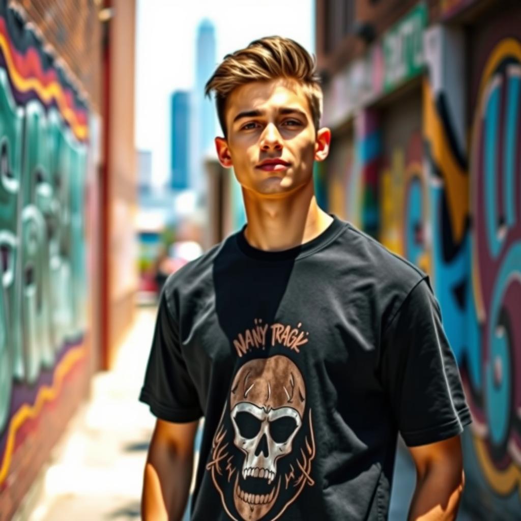 Stylish Urban Look: Young Man in Trendy Black T-Shirt Among Street Art