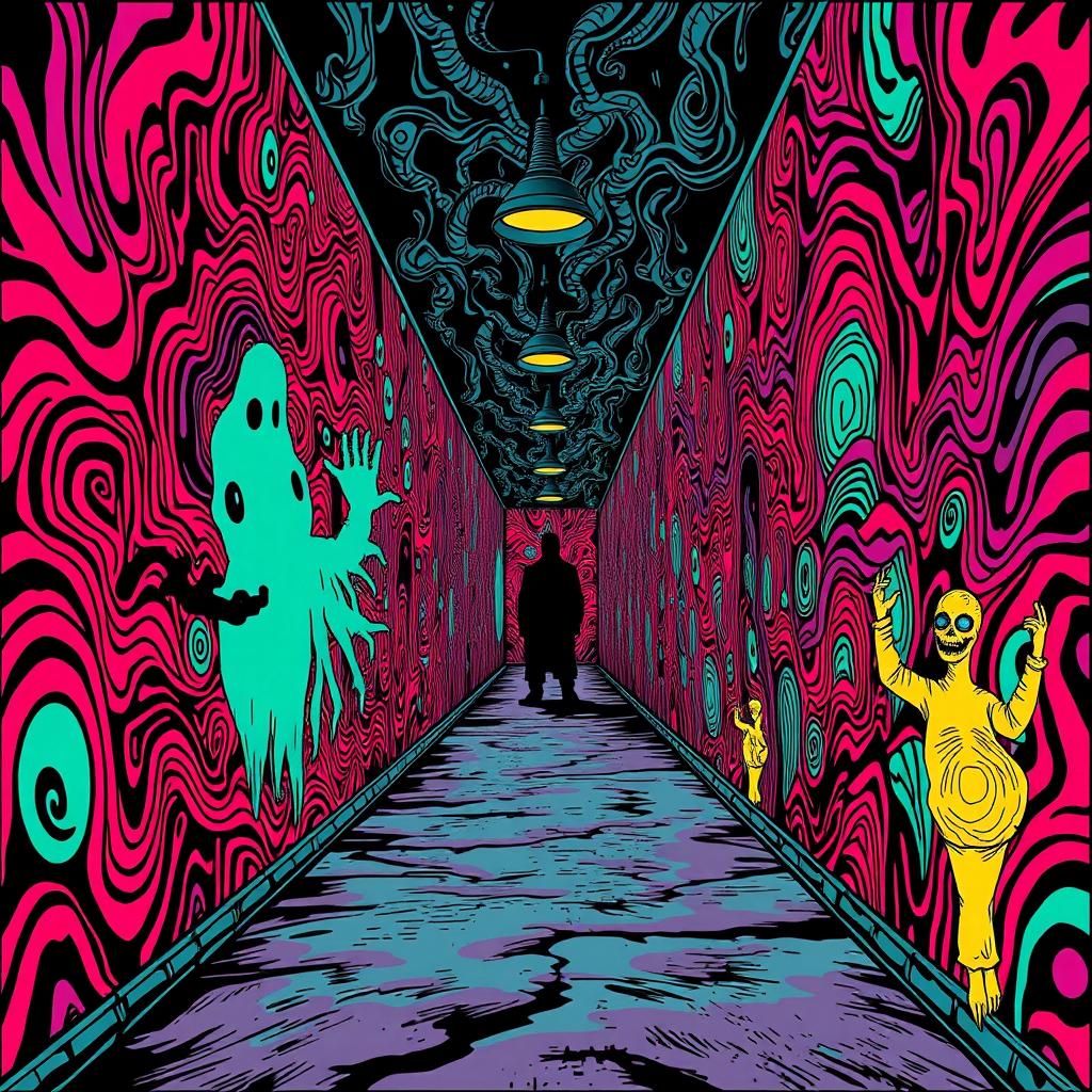 Psychedelic Horror Comic Scene: Dread in a Dim Corridor