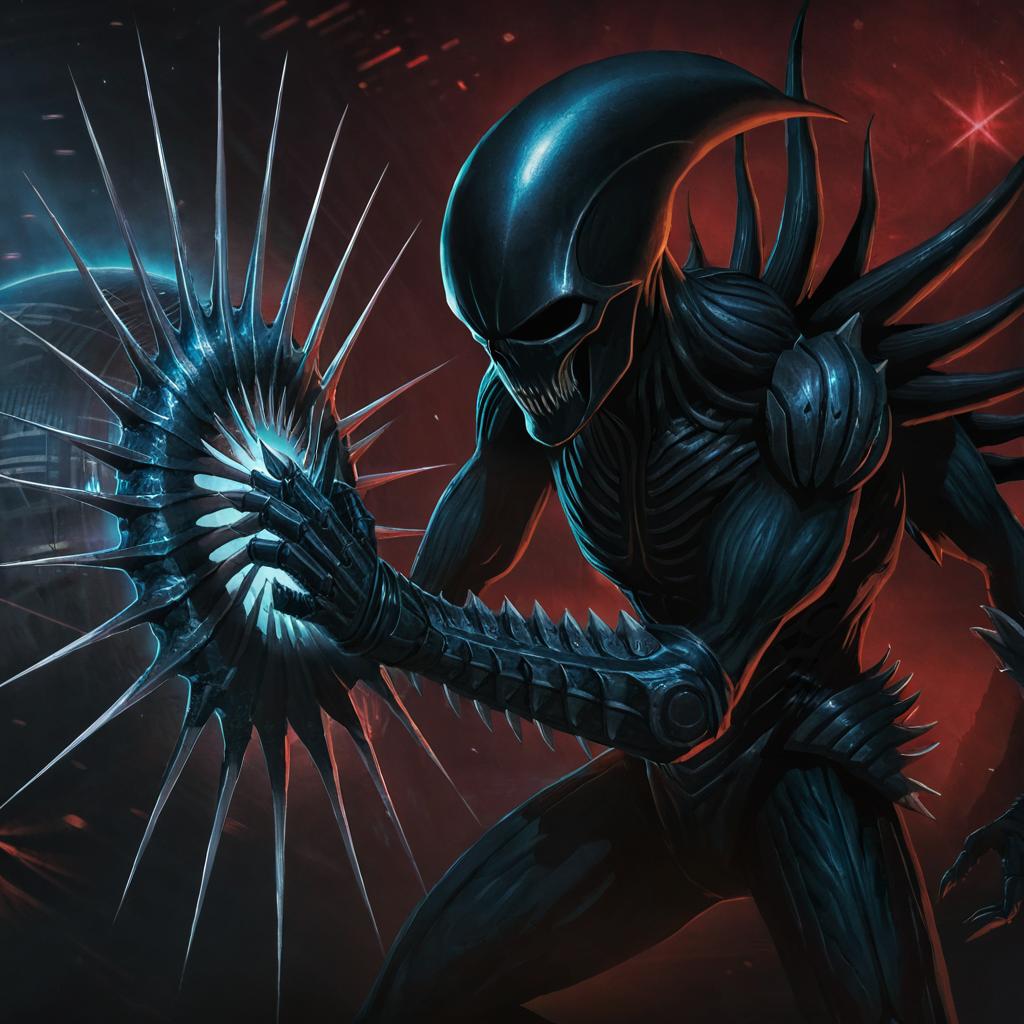 Eerie Alien Encounter: Dark Illustration of a Menacing Creature in a ...