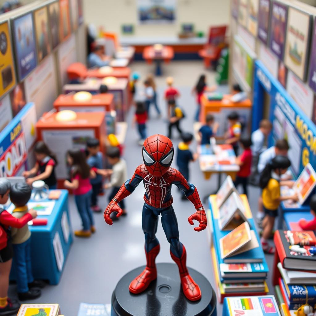 Vibrant Academic Fair Scene Featuring Spider-Man Figurine
