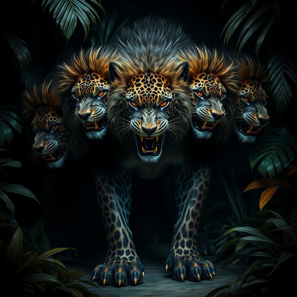 Hyper-Realistic Menacing Creature: Dark Leopard with Seven Lion Heads