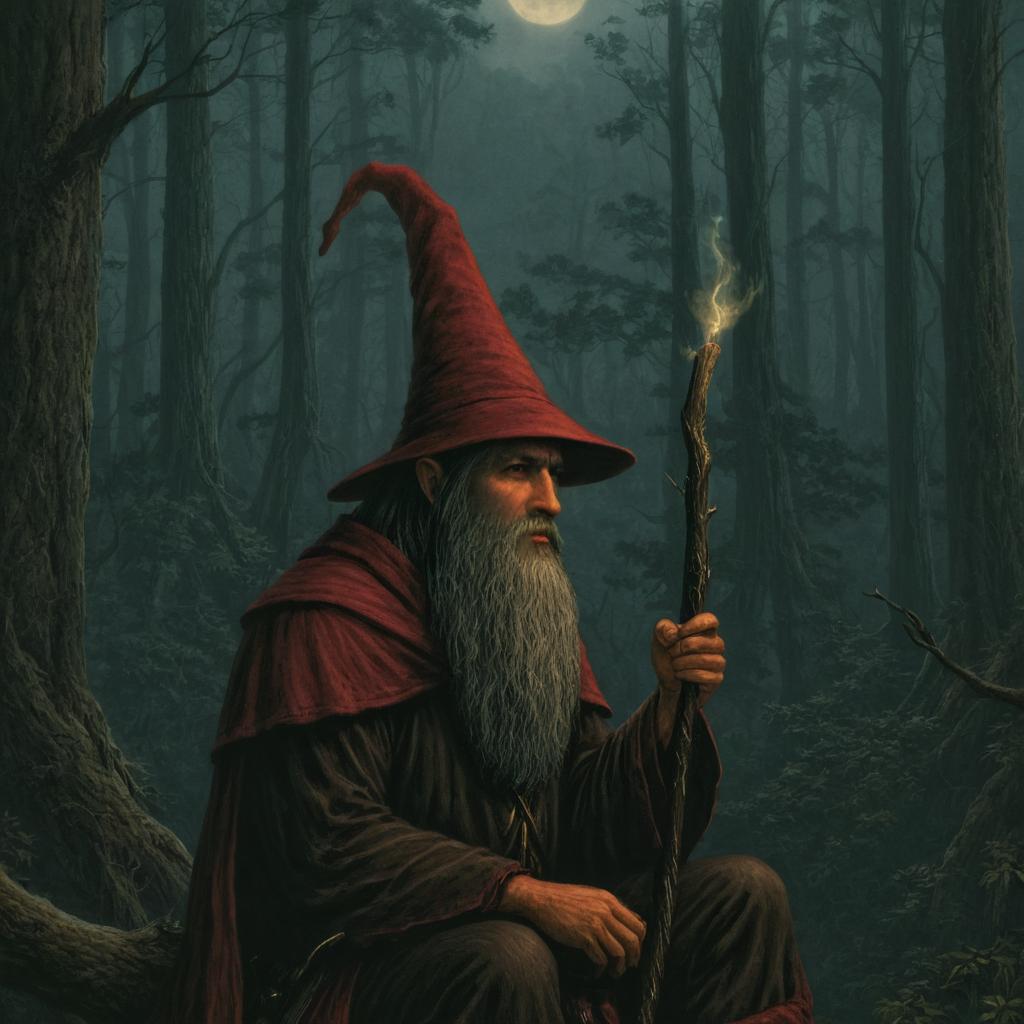Enchanting Dark Fantasy: A Wizard's Contemplation in the Forest
