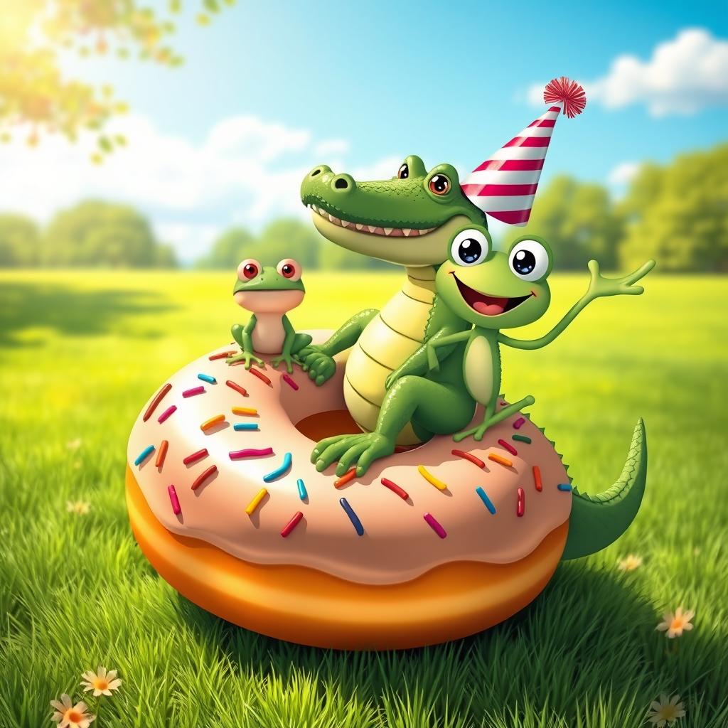 Whimsical Alligator and Frog Enjoy a Giant Donut in the Park
