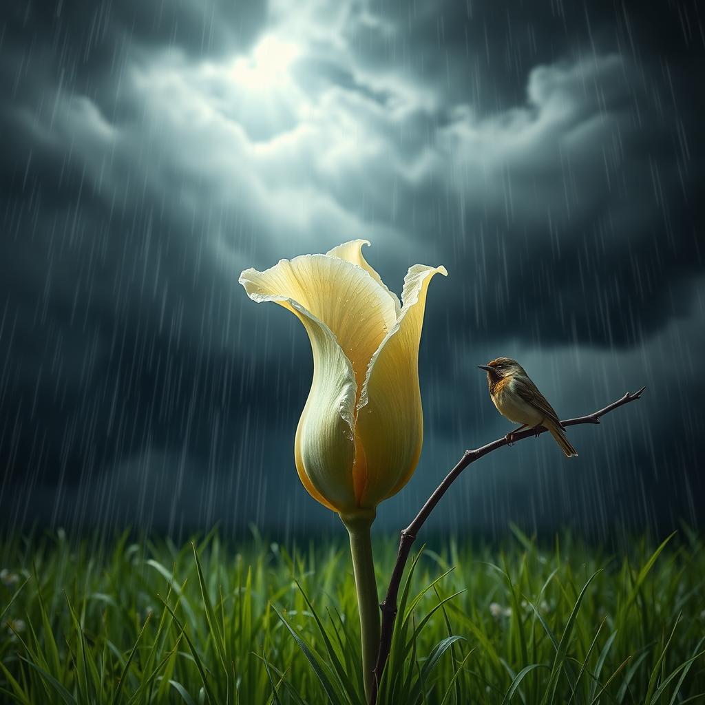 Melancholic Spring: A Wistful Flower and Nightingale Amidst a Storm