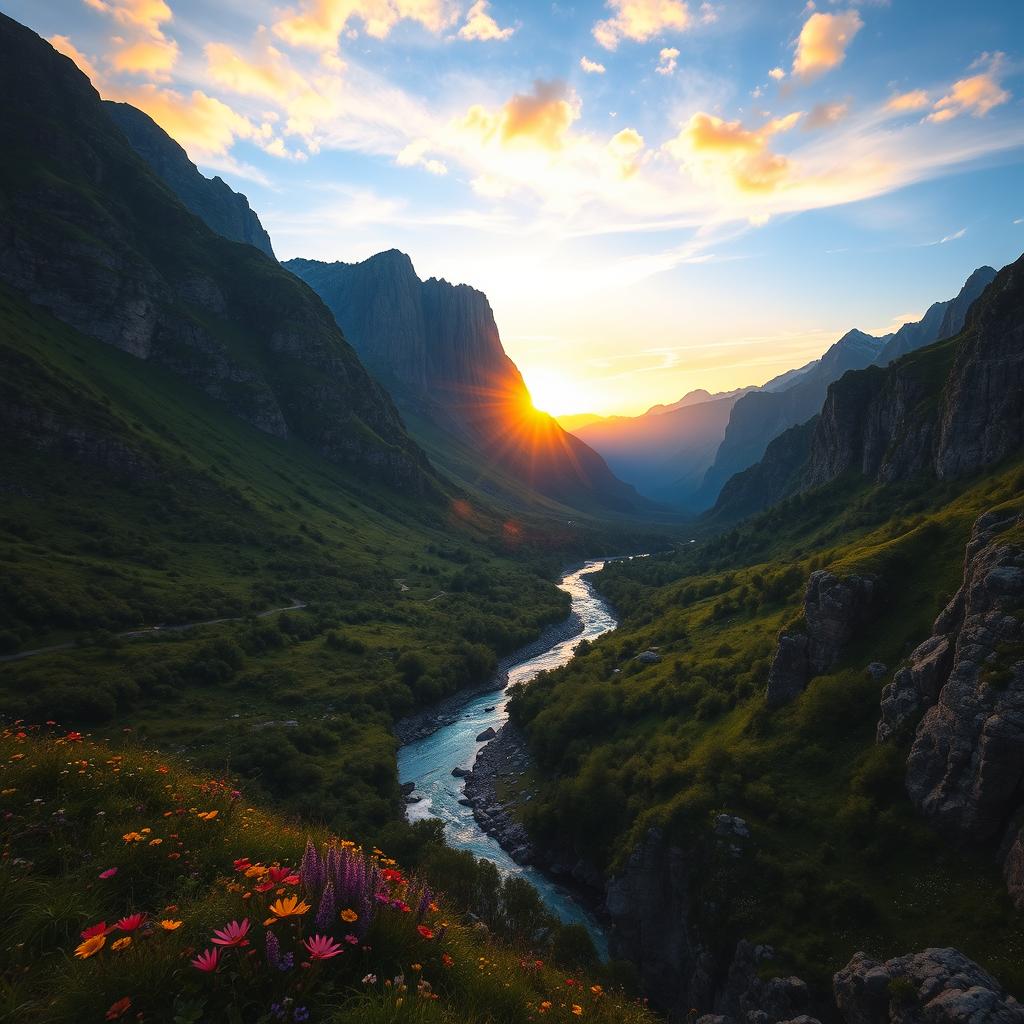 Breathtaking Landscape: Lush Valley and Towering Mountains at Golden Hour