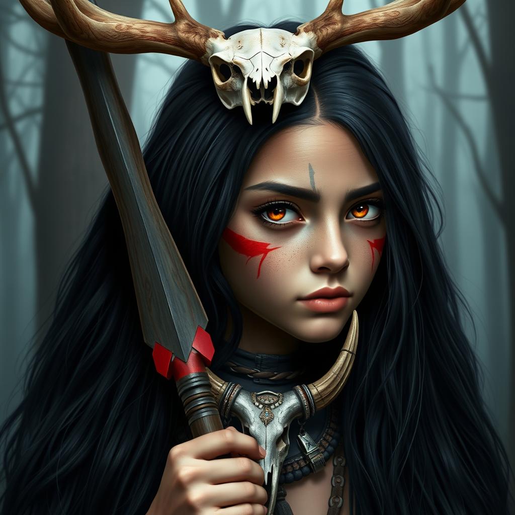 Fierce Tribal Portrait: Girl with Black Hair & Orange Eyes