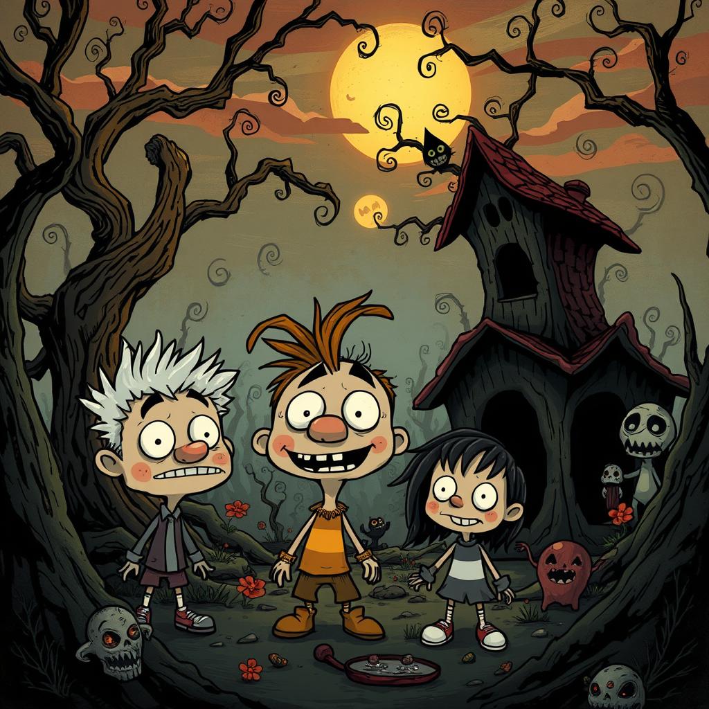 Whimsical Grunge Cartoon Adventure - Quirky Characters & Eerie Atmosphere