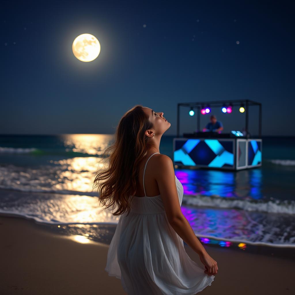 Magical Night Beach Scene: A Young Woman Under the Stars