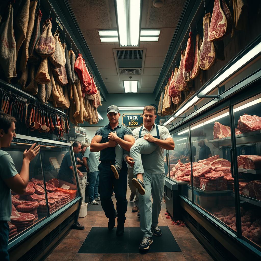 Surreal Scene of Tension in a Butcher Shop