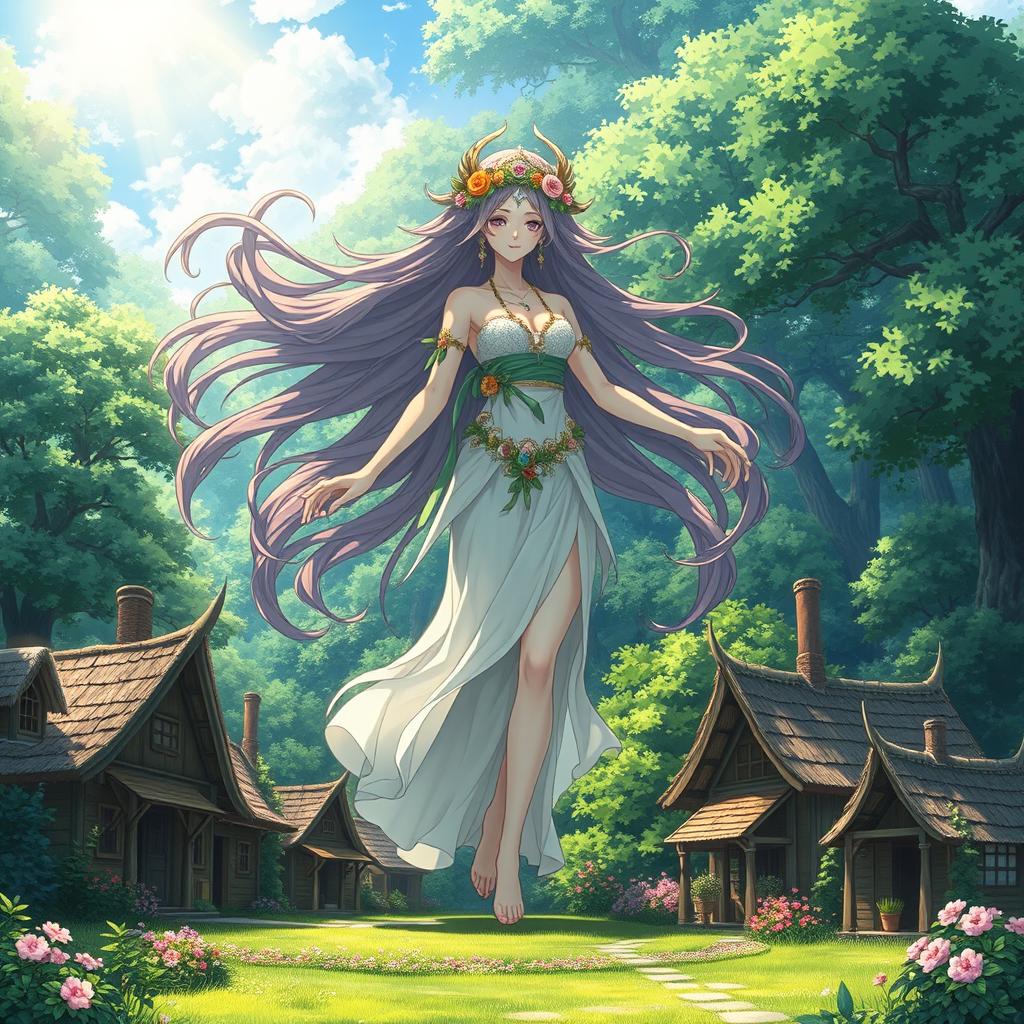 Enchanting Anime Goddess of Nature in a Serene Village