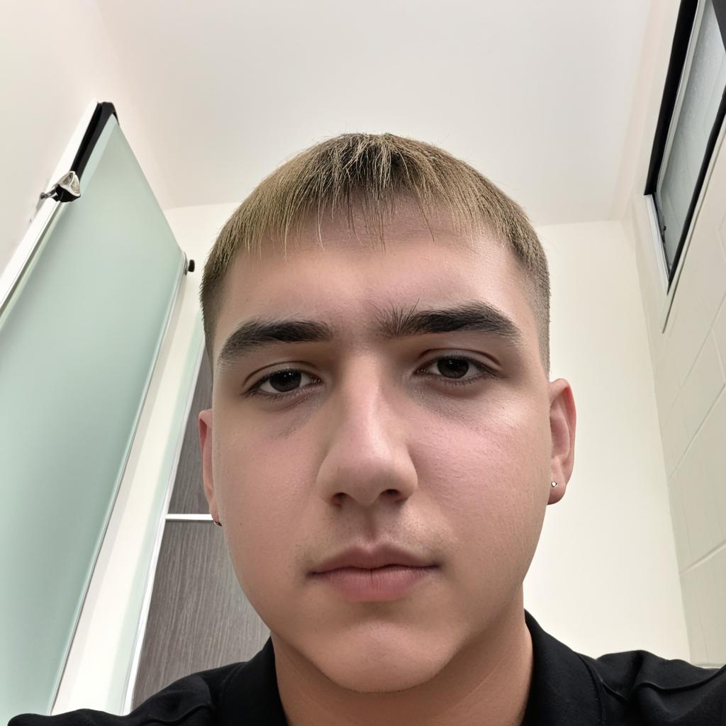 Modern Portrait: Buzz Cut in Bright Bathroom Setting