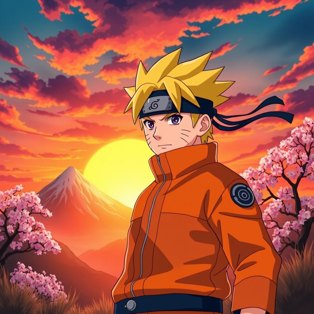Epic Naruto Uzumaki Artwork Against a Stunning Sunset