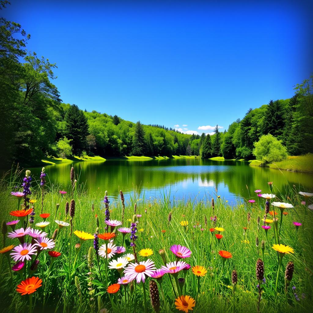 Breathtaking Natural Landscape with Serene Lake and Vibrant Wildflowers
