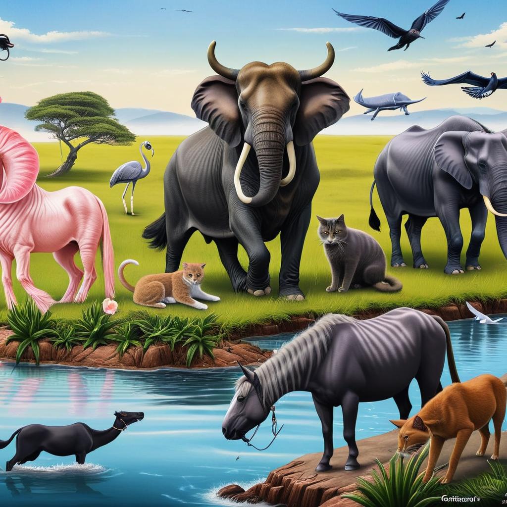 Vibrant Animal Scene: A Colorful Lush Landscape with Diverse Wildlife