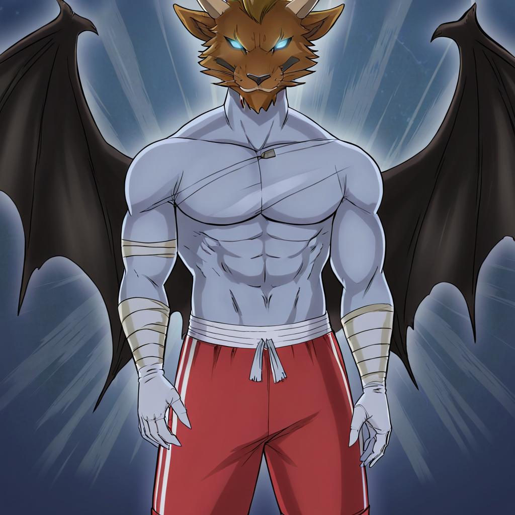 Mysterious Muscular Dragon-Headed Character in Stormy Setting