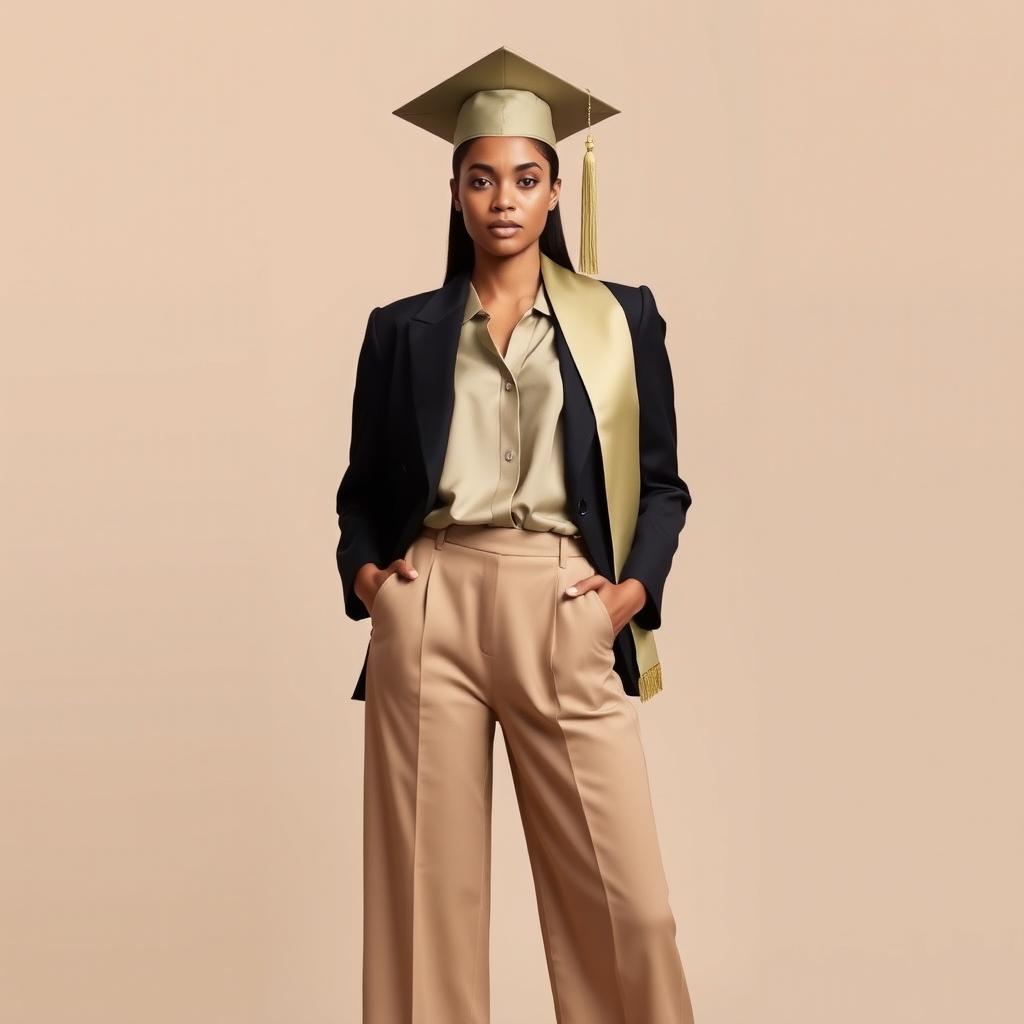 Elegant Graduation Outfit Ideas: Black Jacket & Beige Trousers