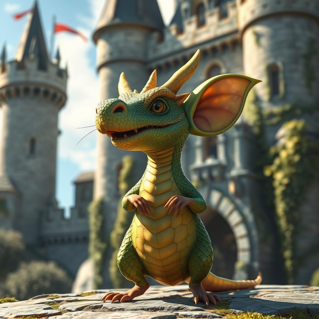 Whimsical Mouse with Dragon Head Against Medieval Castle | Idyllic AI