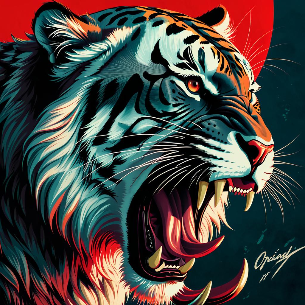 Fierce Portrait of a Roaring Tiger Against a Dramatic Sunset