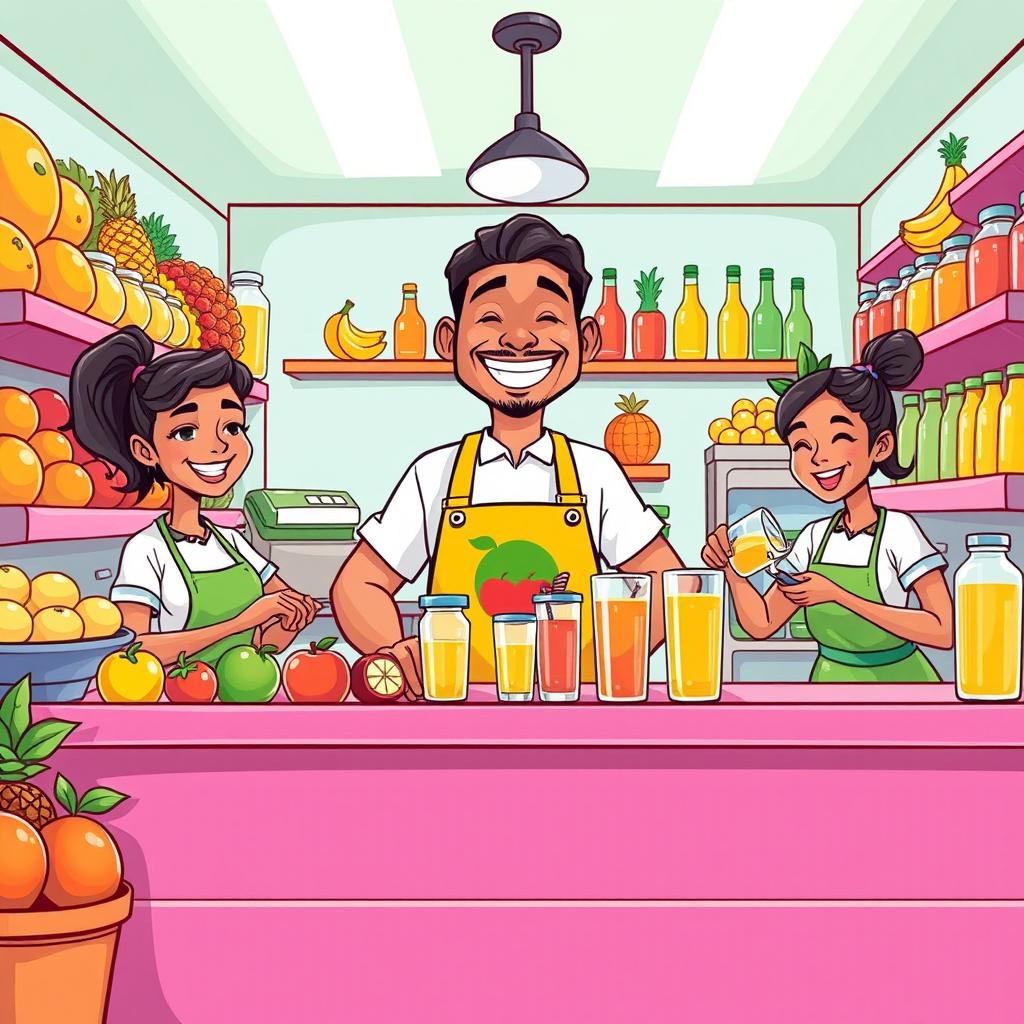 Vibrant Cartoon Juice Shop Illustration with Jamal and Team