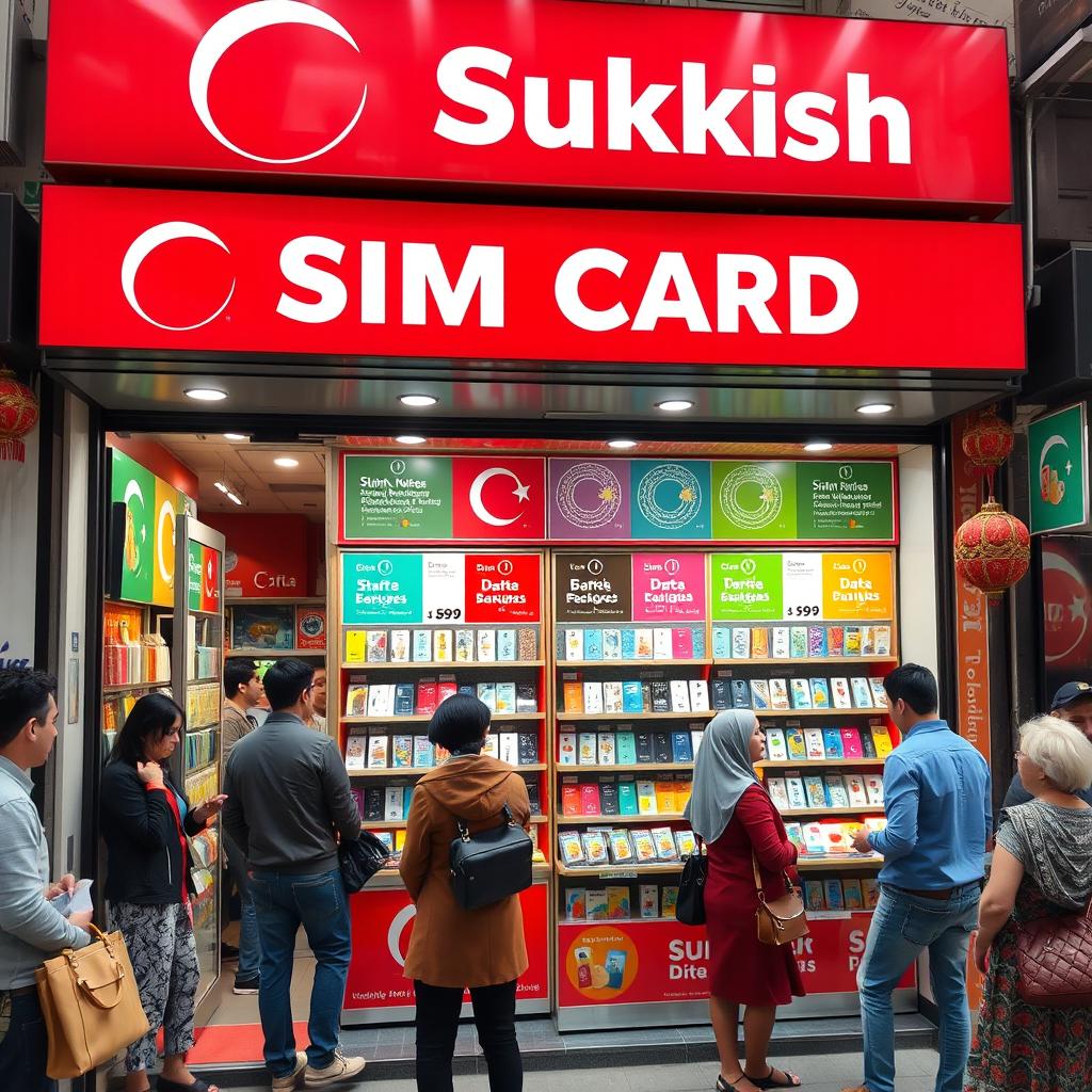 Explore a Vibrant Turkish SIM Card Retailer in a Bustling Marketplace
