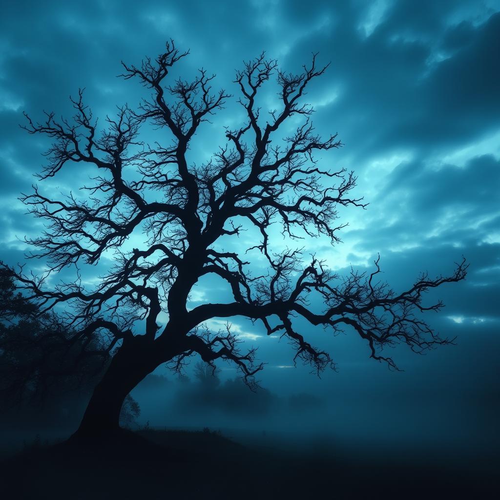 Mystical Ancient Tree at Dusk - Dark and Moody AI Artwork