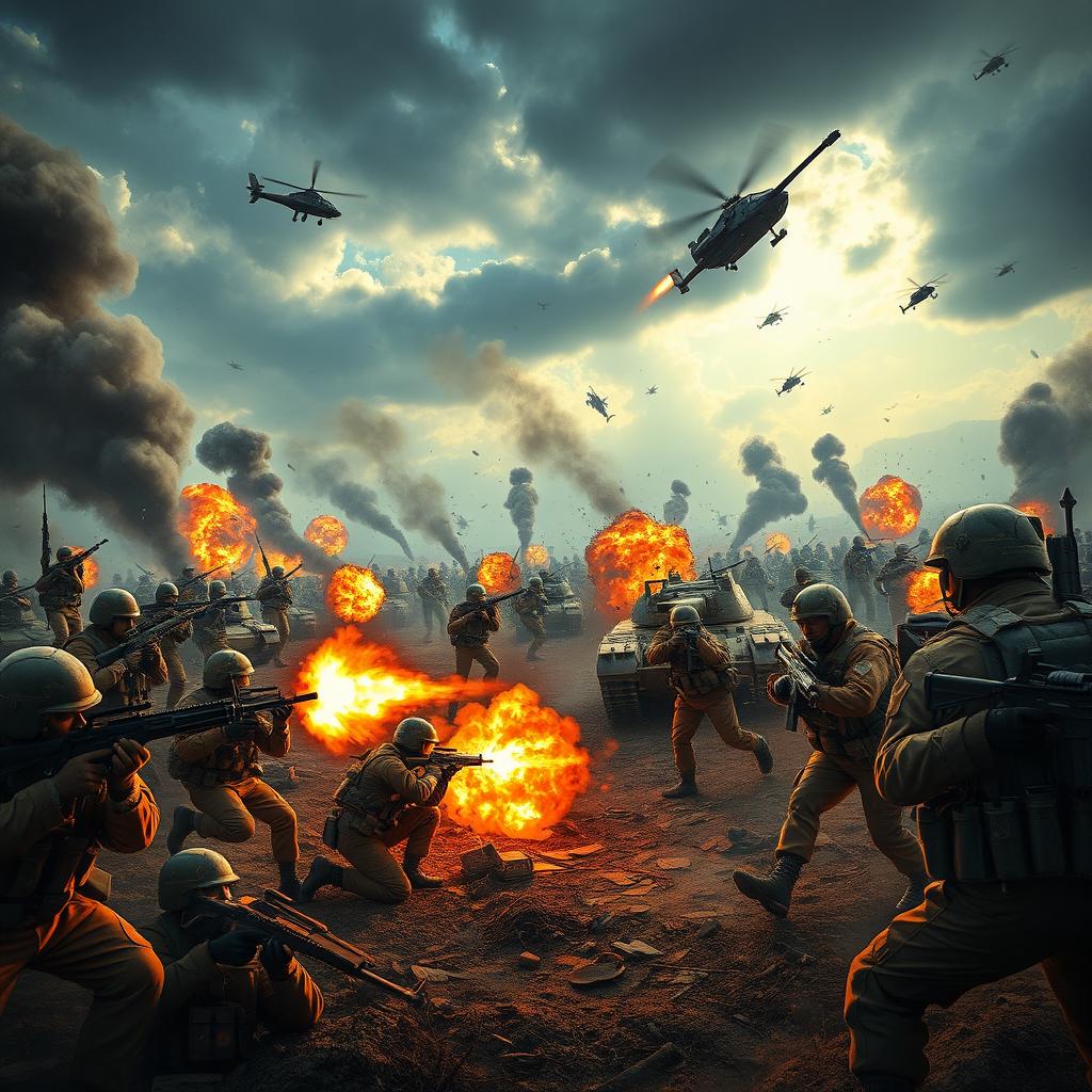 Dynamic Battlefield Scene: Intense Combat Visuals | Idyllic