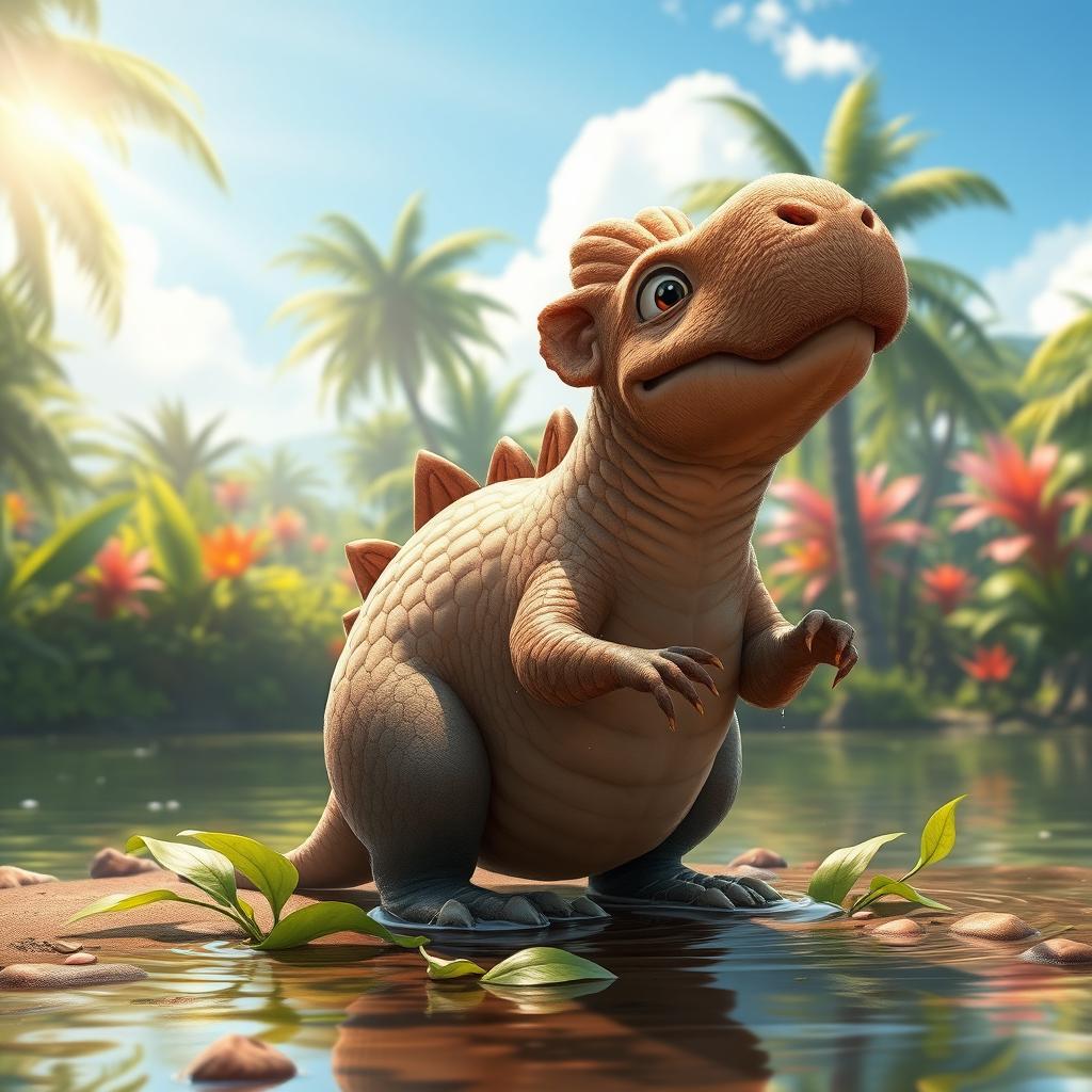 Whimsical Capybara-Dinosaur Hybrid by Tranquil Riverbank