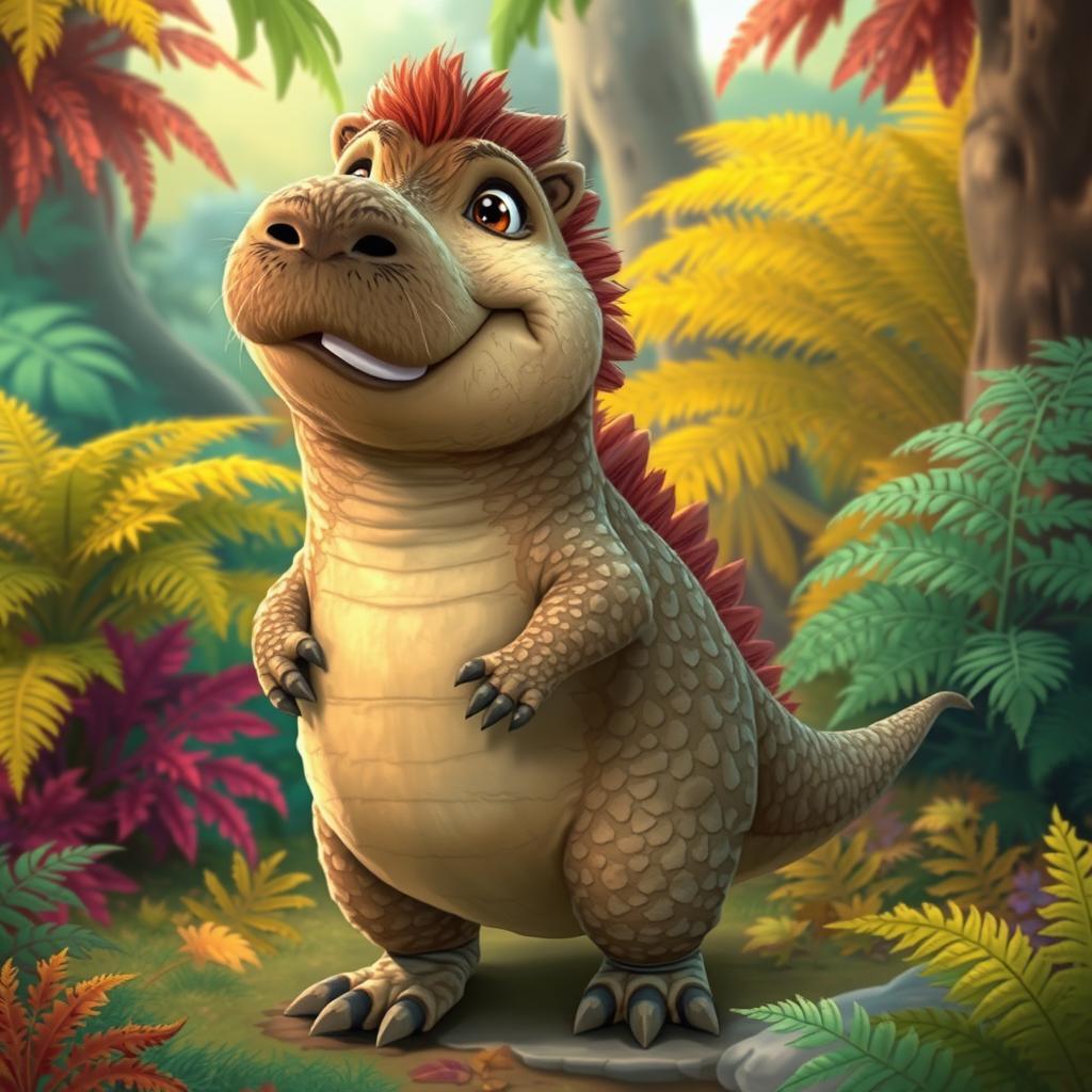 Whimsical Capybara-Dinosaur Hybrid in a Prehistoric Forest