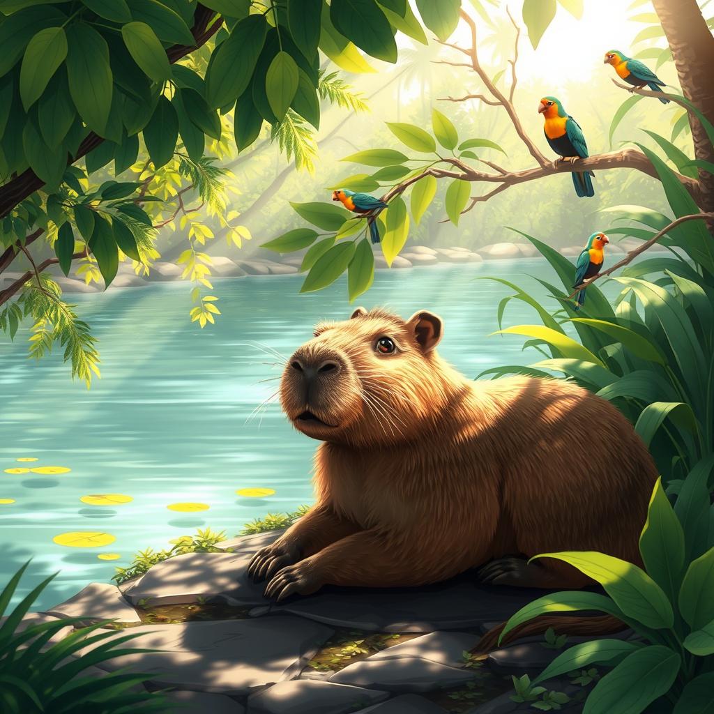 Serene Capybara in a Lush Habitat - A Realistic AI Illustration