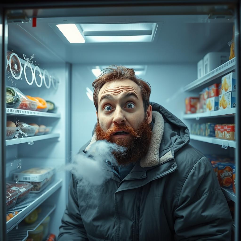 Surprised Man Trapped in a Refrigerator: A Quirky Scene