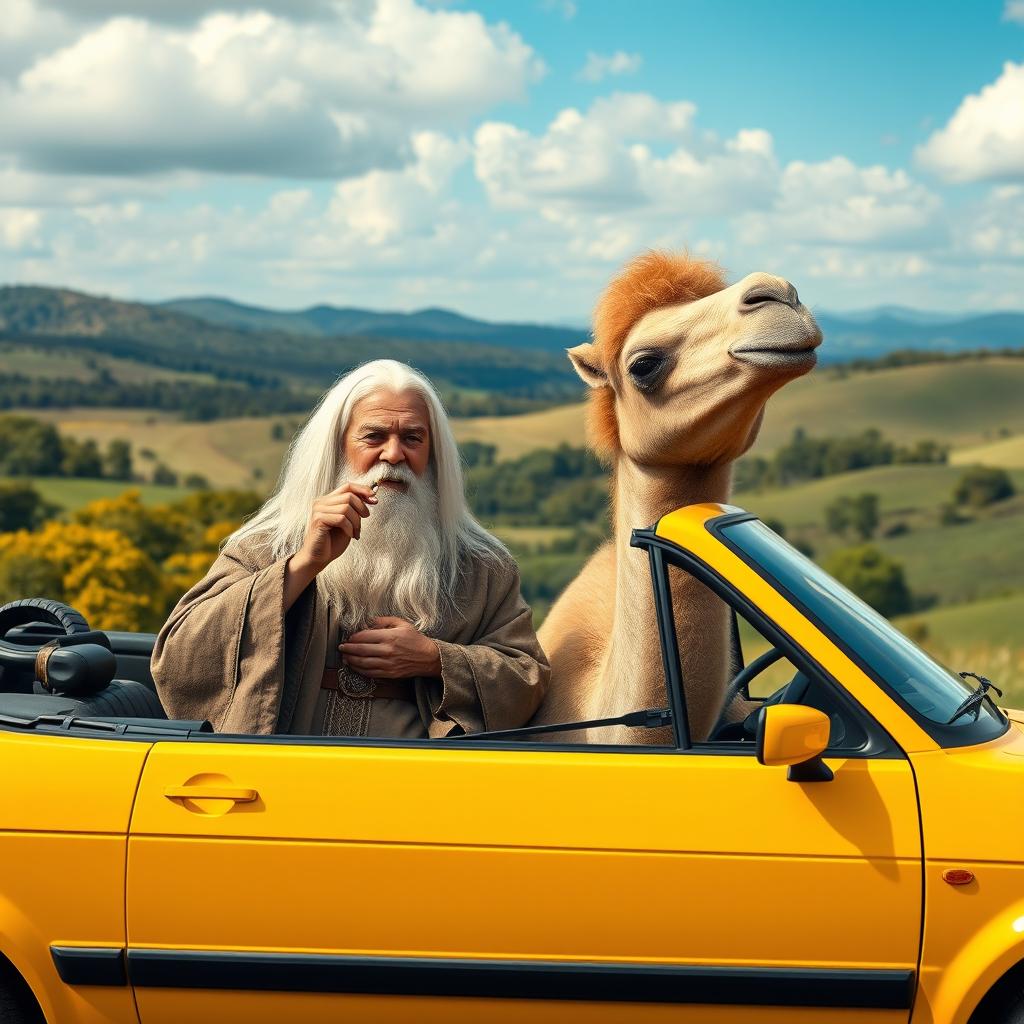 Whimsical Scene: Saruman and a Cheerful Camel in a Volkswagen Golf ...
