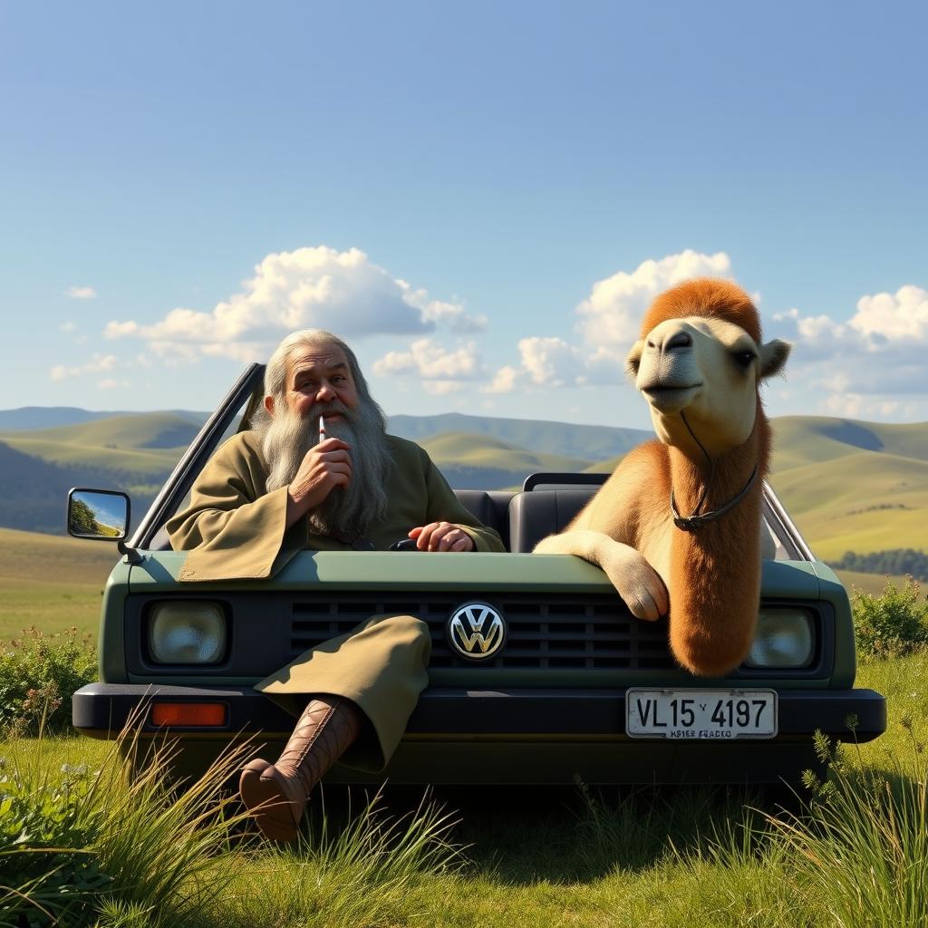 Whimsical Gandalf and Camel in a VW Golf Cabrio: A Charming Scene