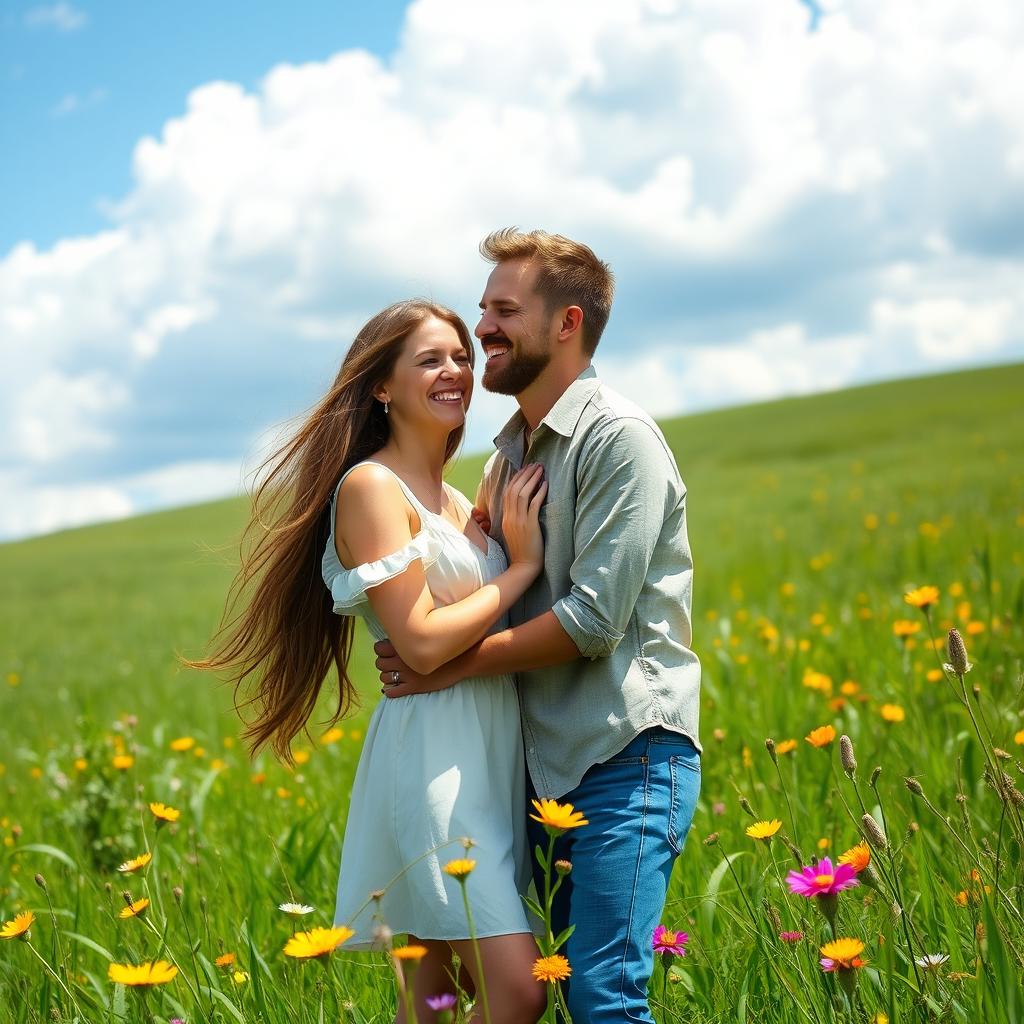 Capturing Love in Nature: Romantic Couple in a Lush Pasture