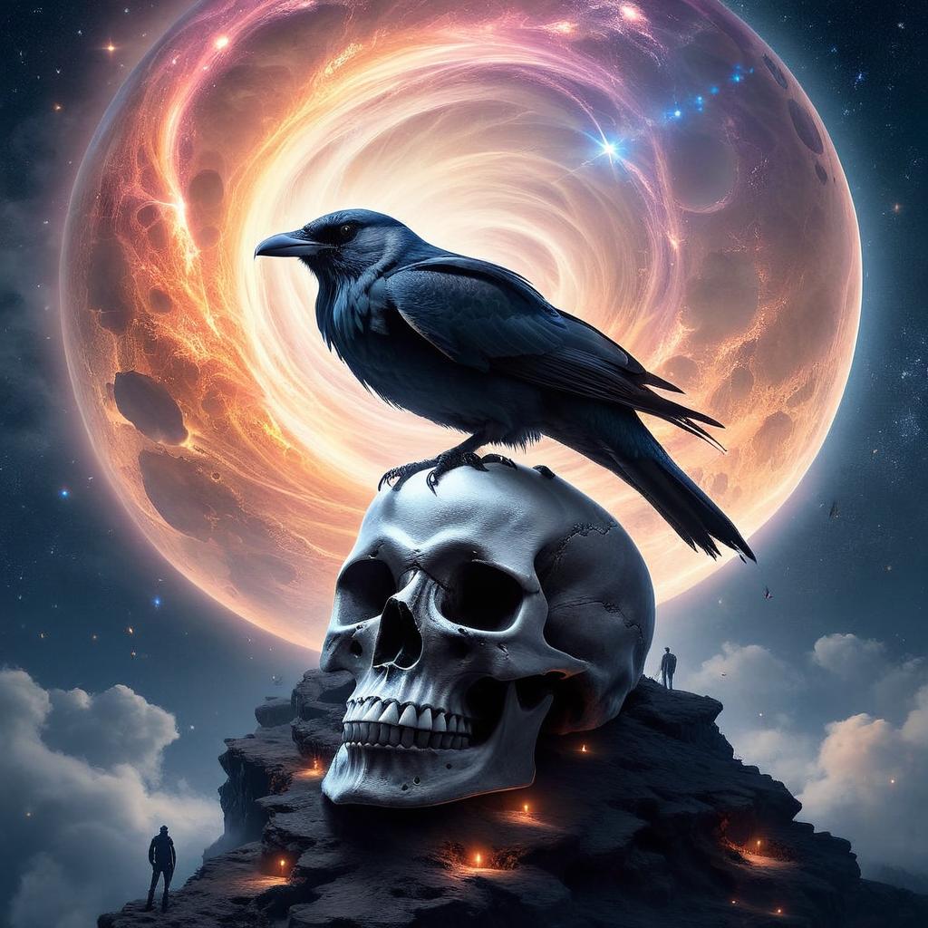 Mystical Cosmic Crow on Skull - Ethereal Imagery