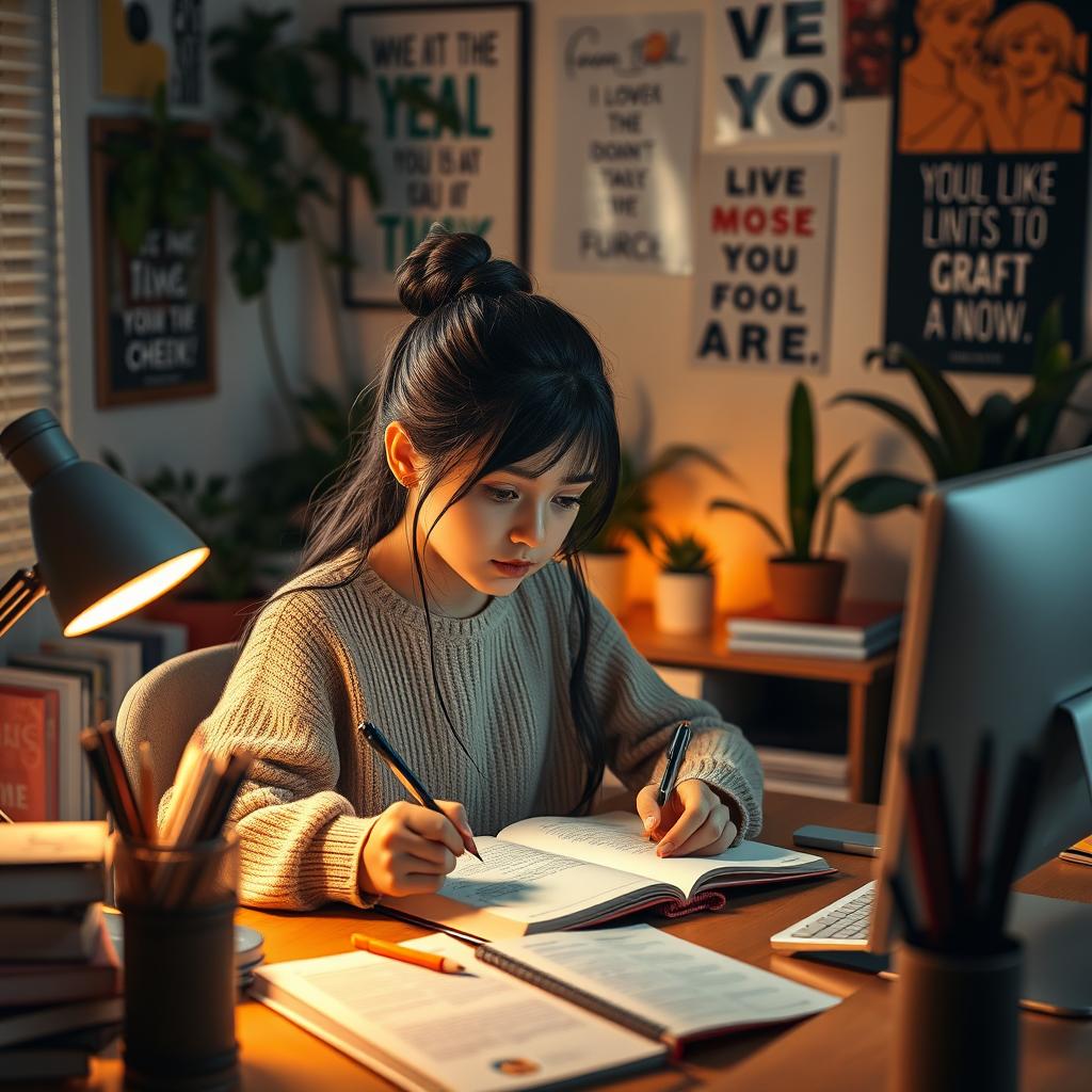 Cozy Study Vibes: A Focused Girl's Inspiring Workspace