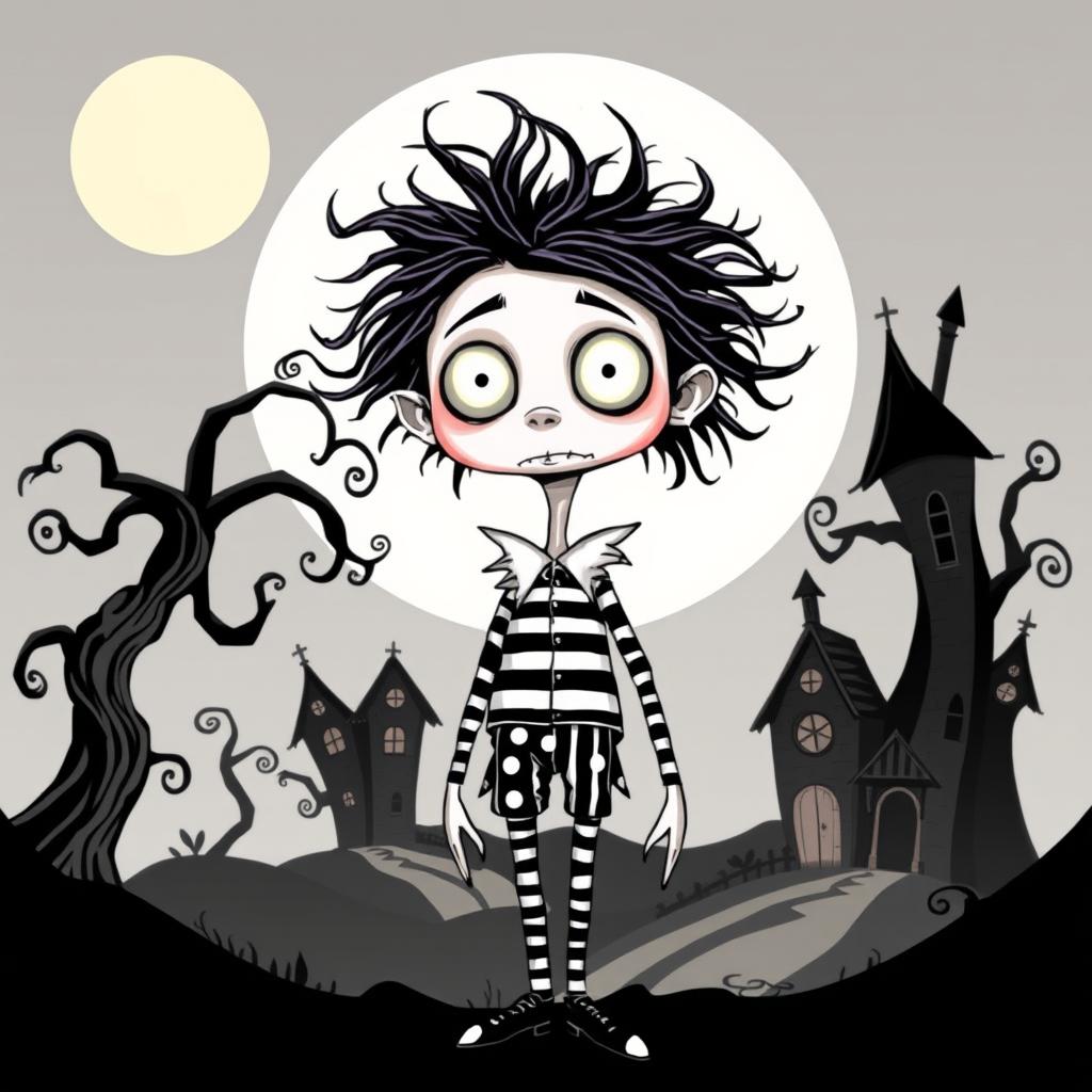 Whimsical Tim Burton-Style Character Design in a Gothic Landscape