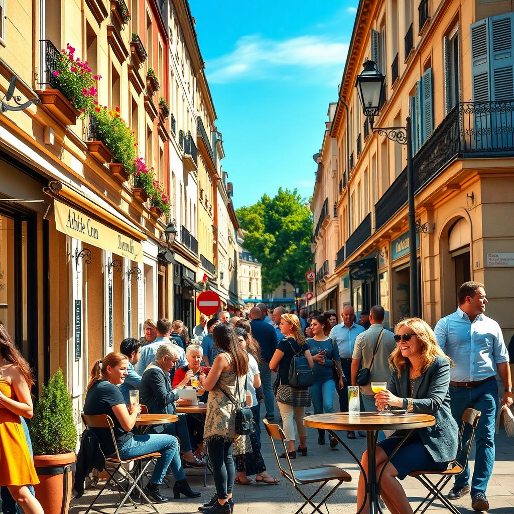 Vibrant Street Scene in France: Café Culture and Iconic Architecture